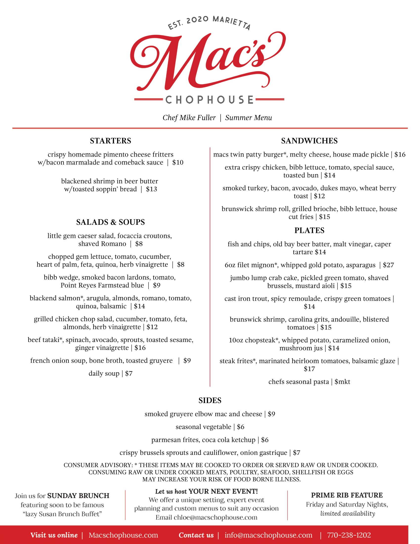 Lunch Restaurant Marietta Square | Menu | Mac's Chophouse